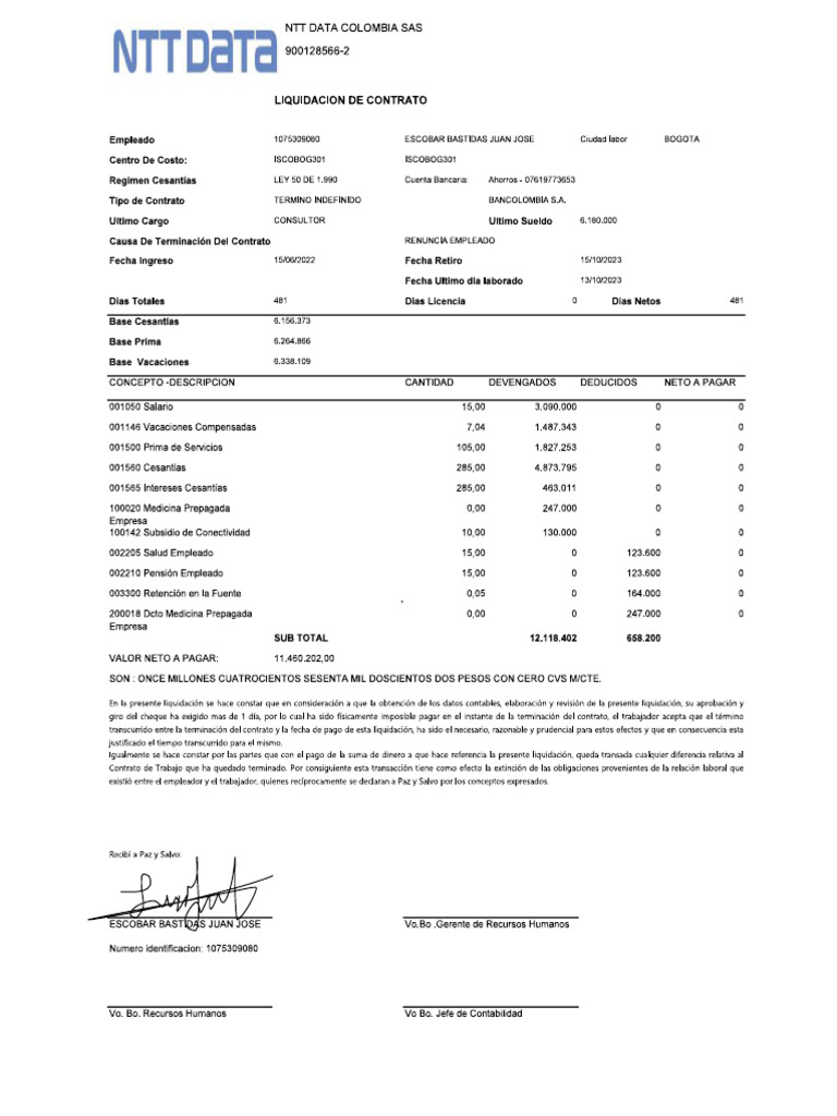Liquidacion de Contrato NTT Data | PDF