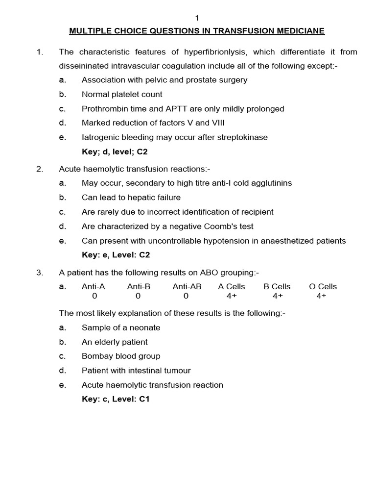 MCQs - Final Transfusion | PDF | Blood Transfusion | Blood Type