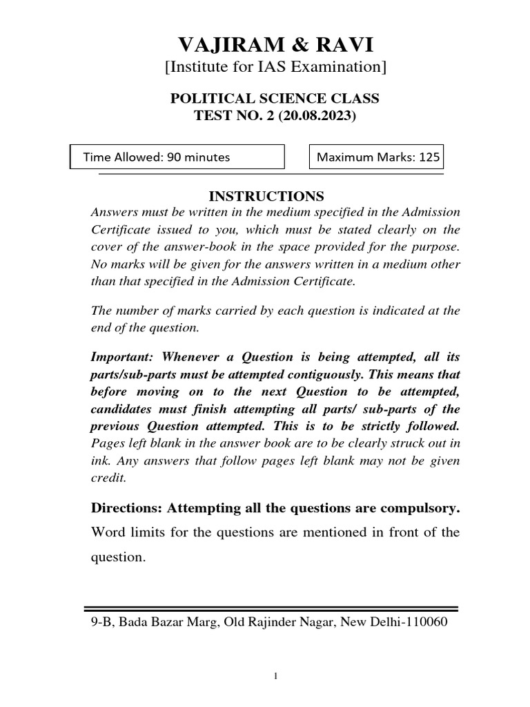 POLITICAL SCIENCE CLASS Test-5 | PDF | Science