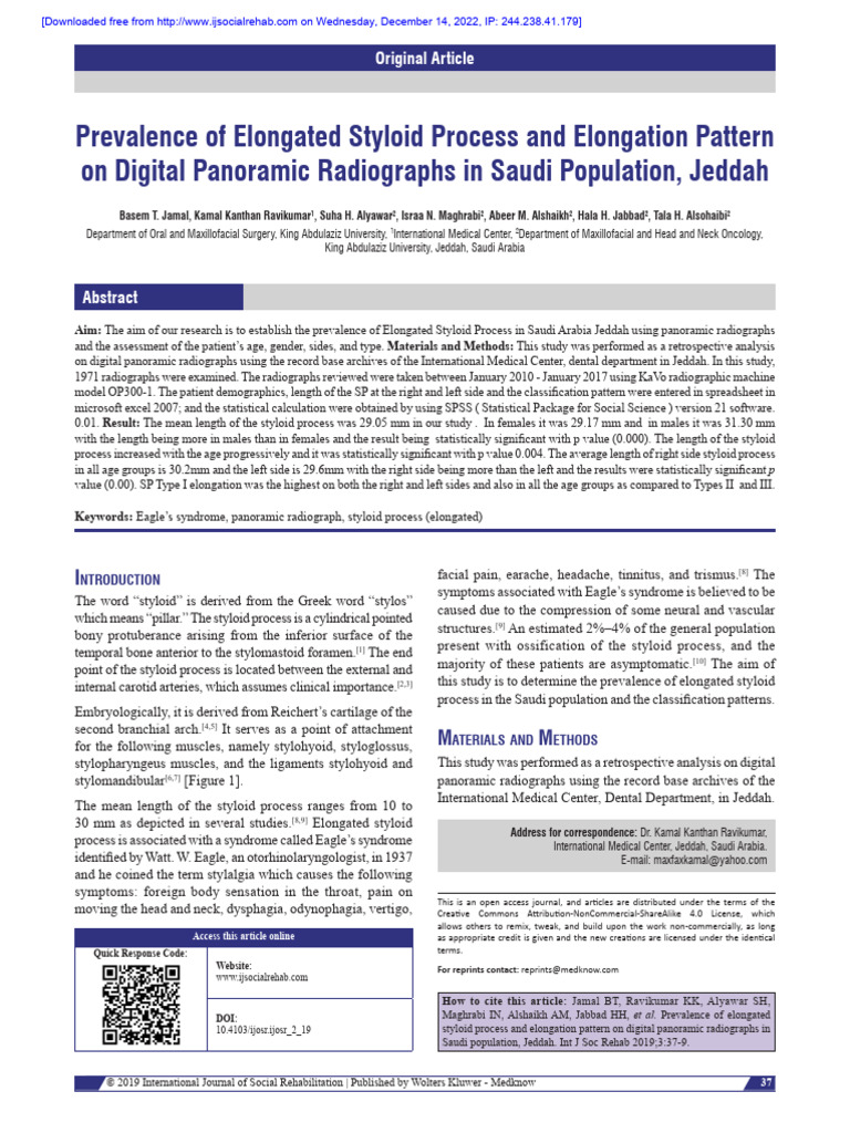 Prevalence of Elongated Styloid Process and Elongation Pattern On ...