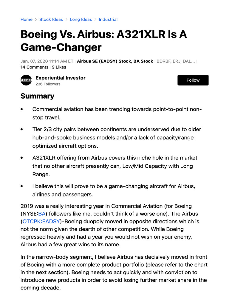 Boeing vs. Airbus - A321XLR Is A Game-Changer (OTCMKTS - EADSY ...