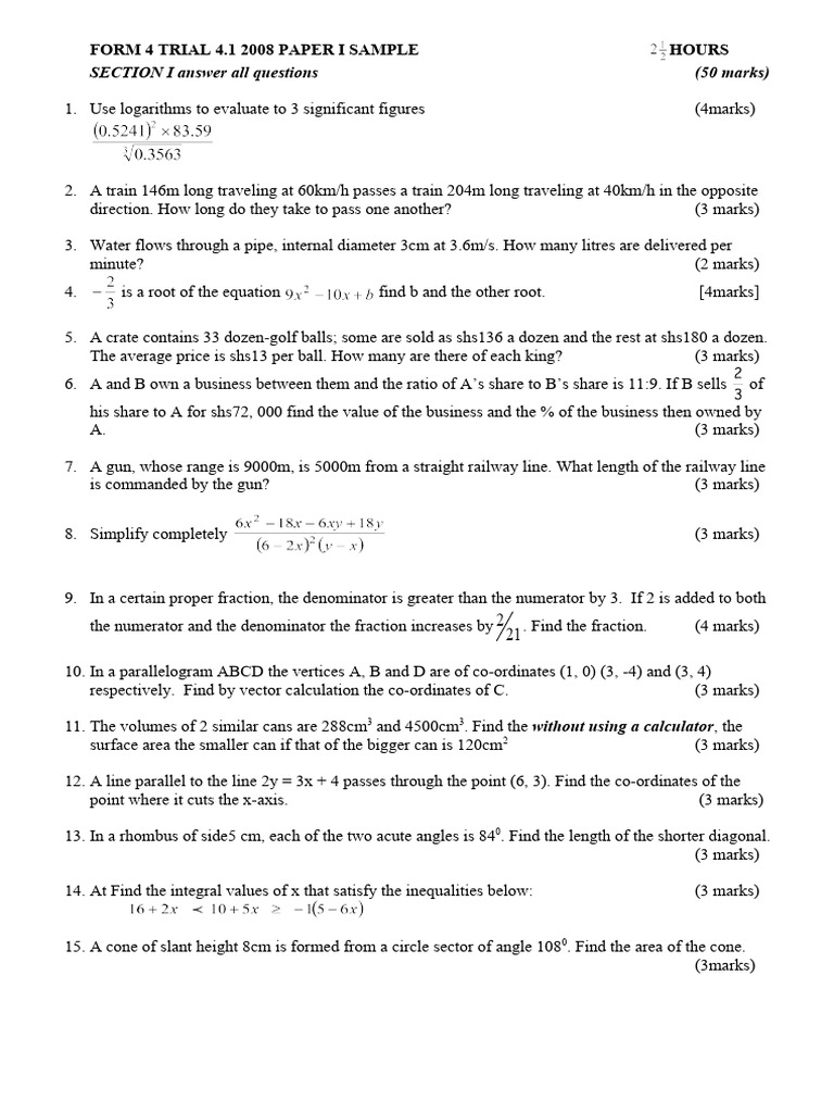 2008 Form 4 Math Trial Paper I | PDF | Teaching Methods & Materials