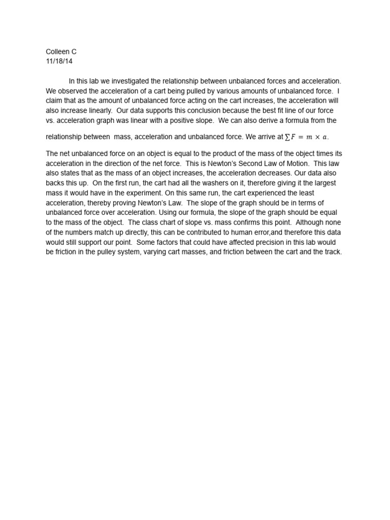 Colleen's Unbalanced Force Lab Conclusion | PDF | Force | Acceleration