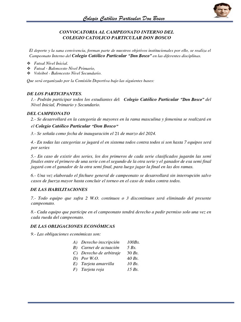 Convocatoria Campeonato Don Bosco | PDF