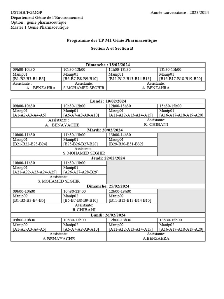 Programme TP M1 GPH - S2 2024 Modif | PDF