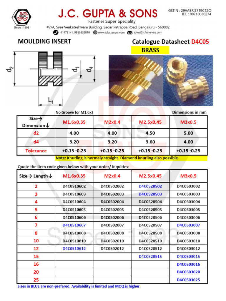 Brass Moulding Insert Datasheet | PDF