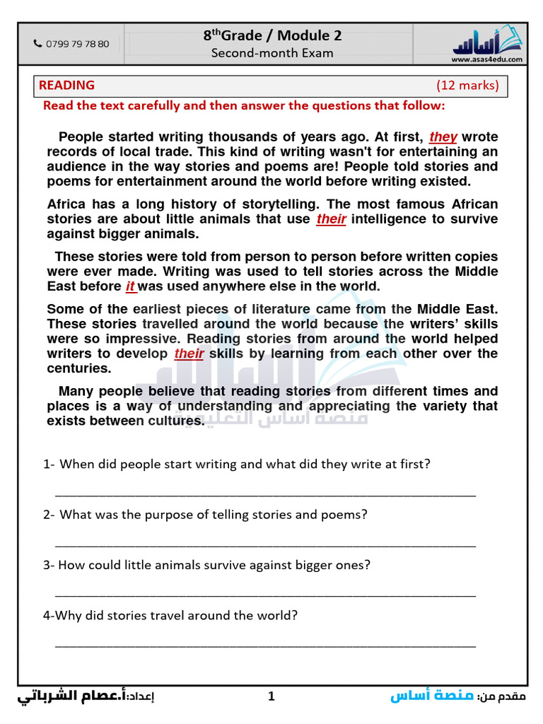 8th Grade Module 2 Exam: Reading & Writing | PDF | Human Communication ...