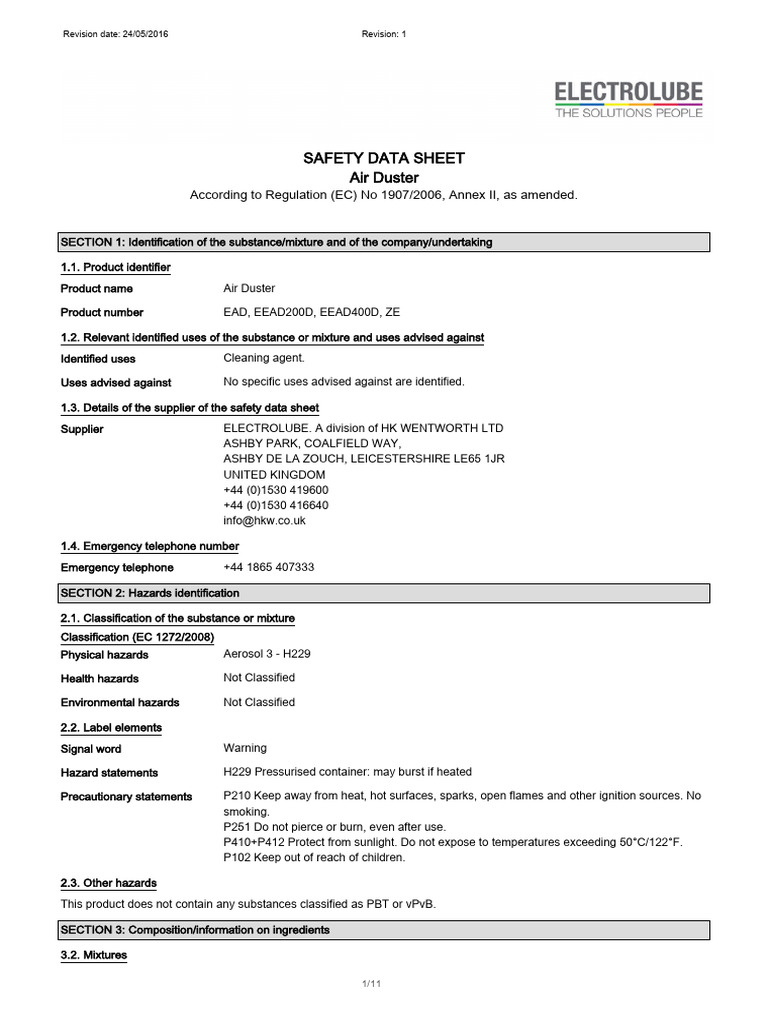 Safety Data Sheet Air Duster: According To Regulation (EC) No 1907/2006 ...