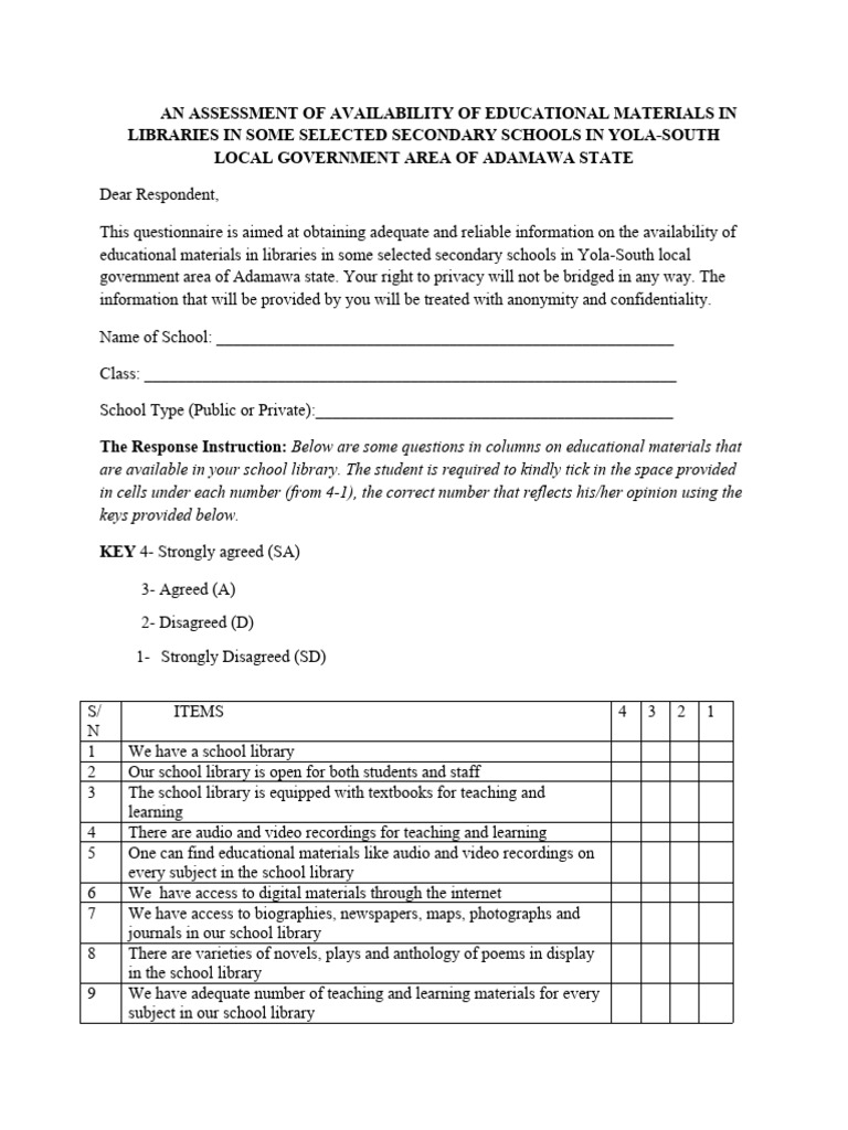 Questionaire For Students | PDF | Libraries | Questionnaire