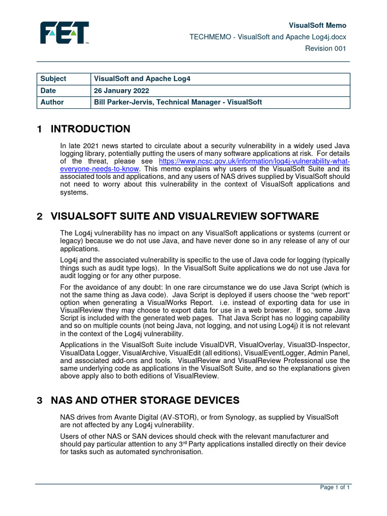 TECHMEMO - VisualSoft and Apache Log4j | PDF | Vulnerability (Computing) | Java (Programming ...