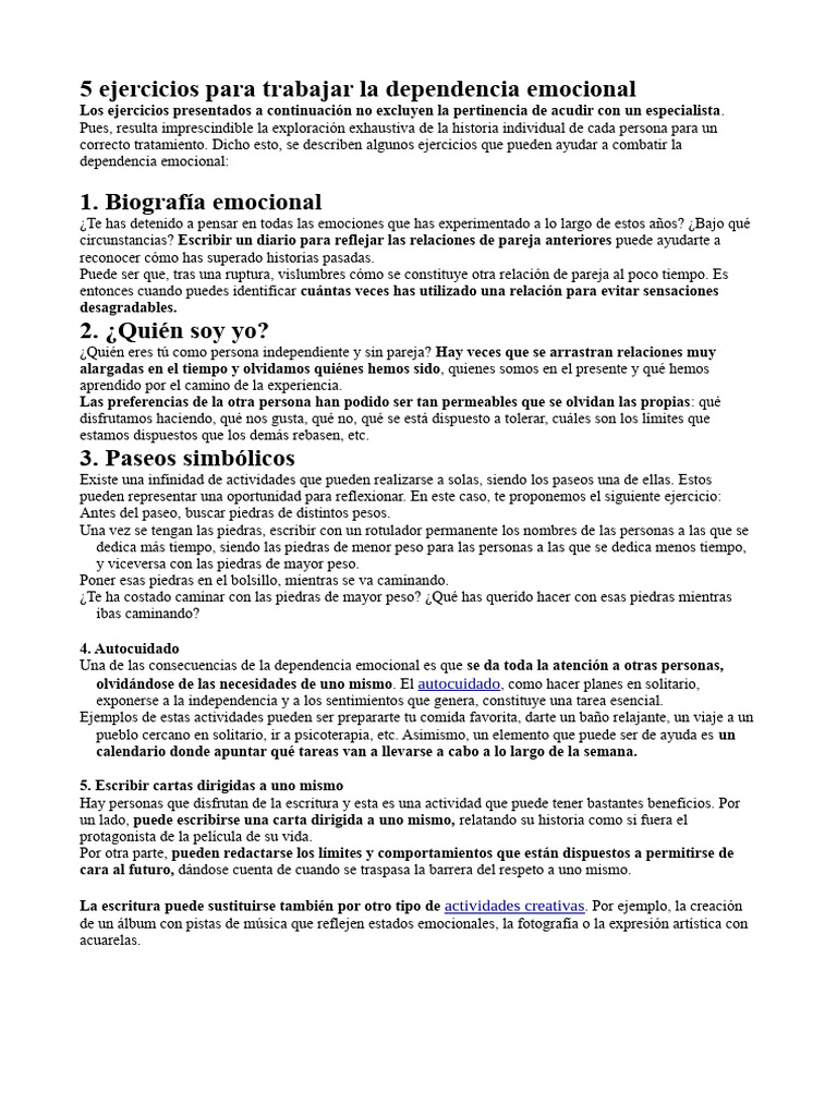 5 ejercicios para trabajar la dependencia | PDF | Las emociones | Sicología