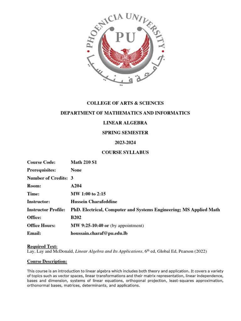 Math 210 Syllabus Spring 2023 2024 HSharafeddine | PDF