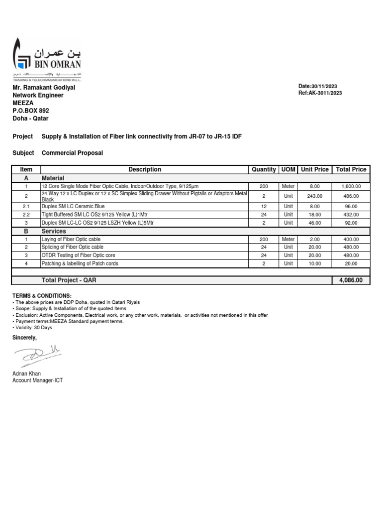 Quotation - Supply & Installation of Fiber link connectivity for IR-0732420 - 30-11-2023 | PDF ...