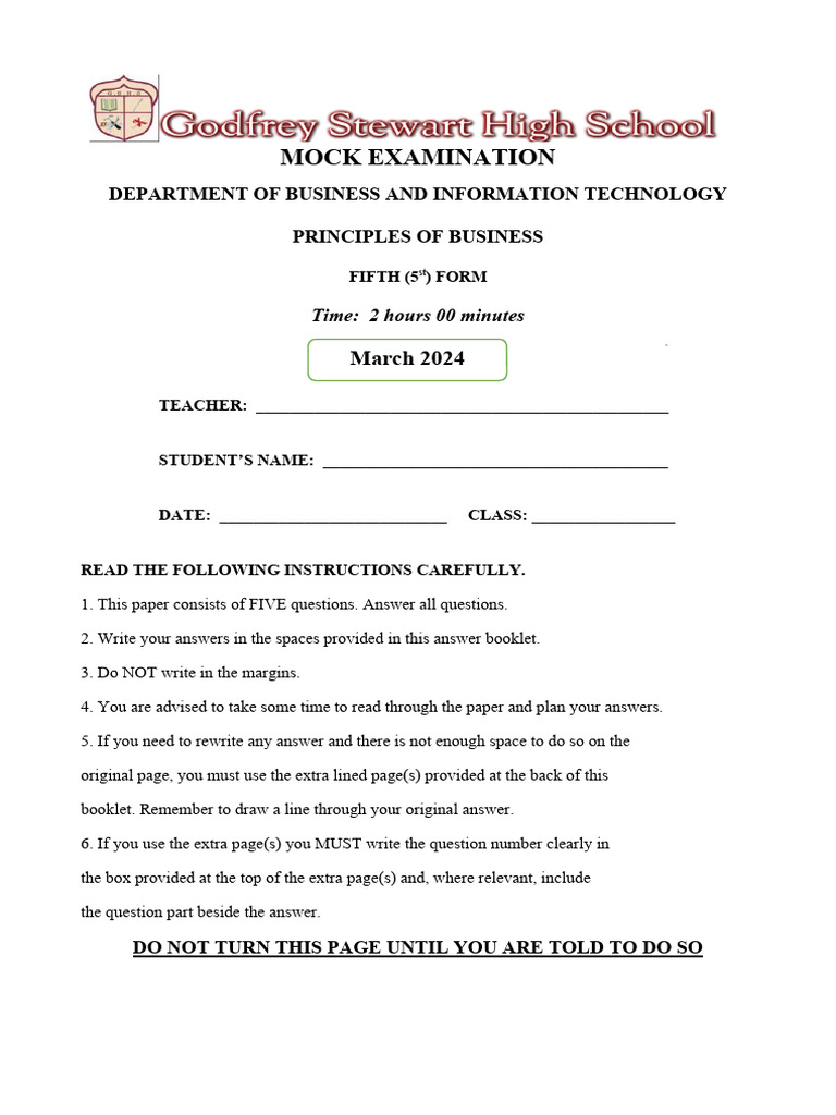 Business Mock Exam Paper 2024 | PDF | Insurance | Taxes