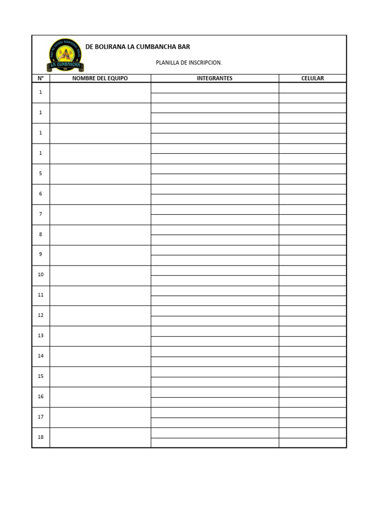 Planilla Torneo Bolirana | PDF | Cocina, comidas y vino