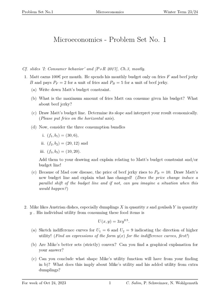 Problem Set 1 Pdf Utility Microeconomics