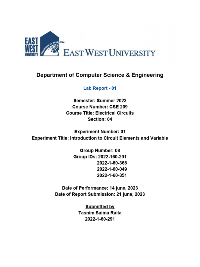 CSE209 (Lab Report 1) | PDF | Electrical Network | Physical Sciences