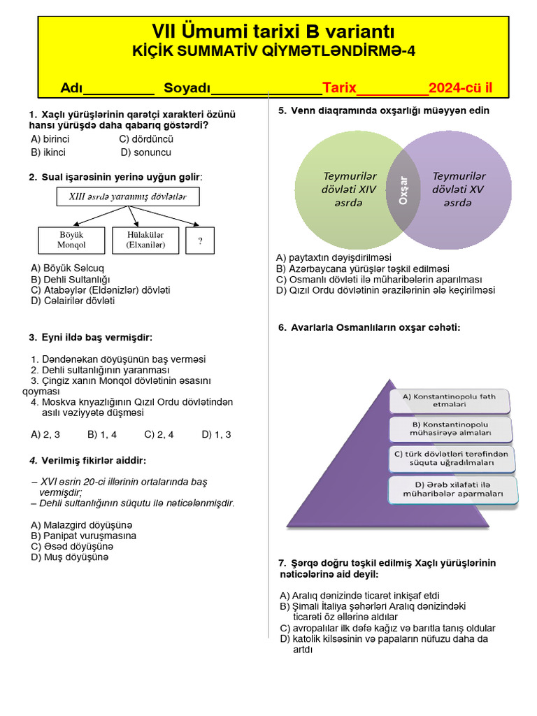 7ci Sinif Um Tarix ksq4 B Variantı | PDF
