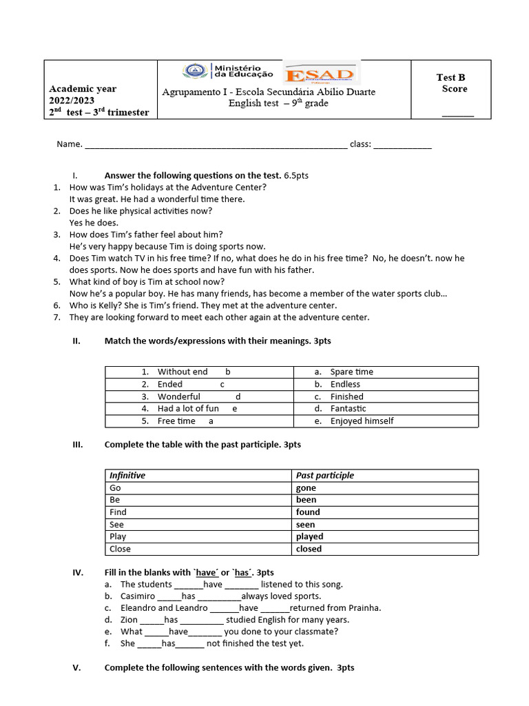 9th Grade English Test - 2022/2023 | PDF