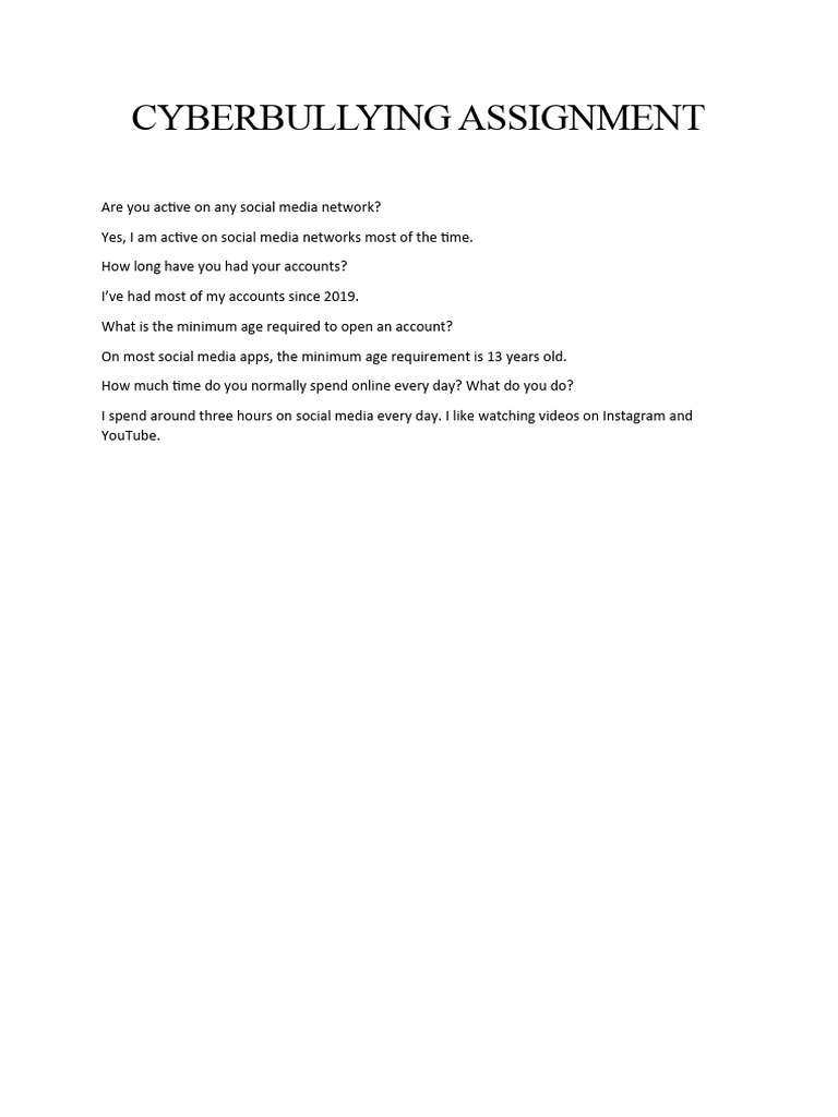 Cyberbullying Assignment | PDF | Cyberbullying | Social Media Cyberbullying Assignment | PDF | Cyberbullying | Social Media