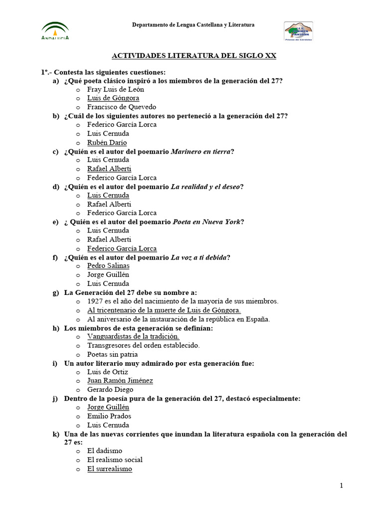 Actividades SOLUC - Literatura Siglo XX. 201819 | PDF | Federico García ...