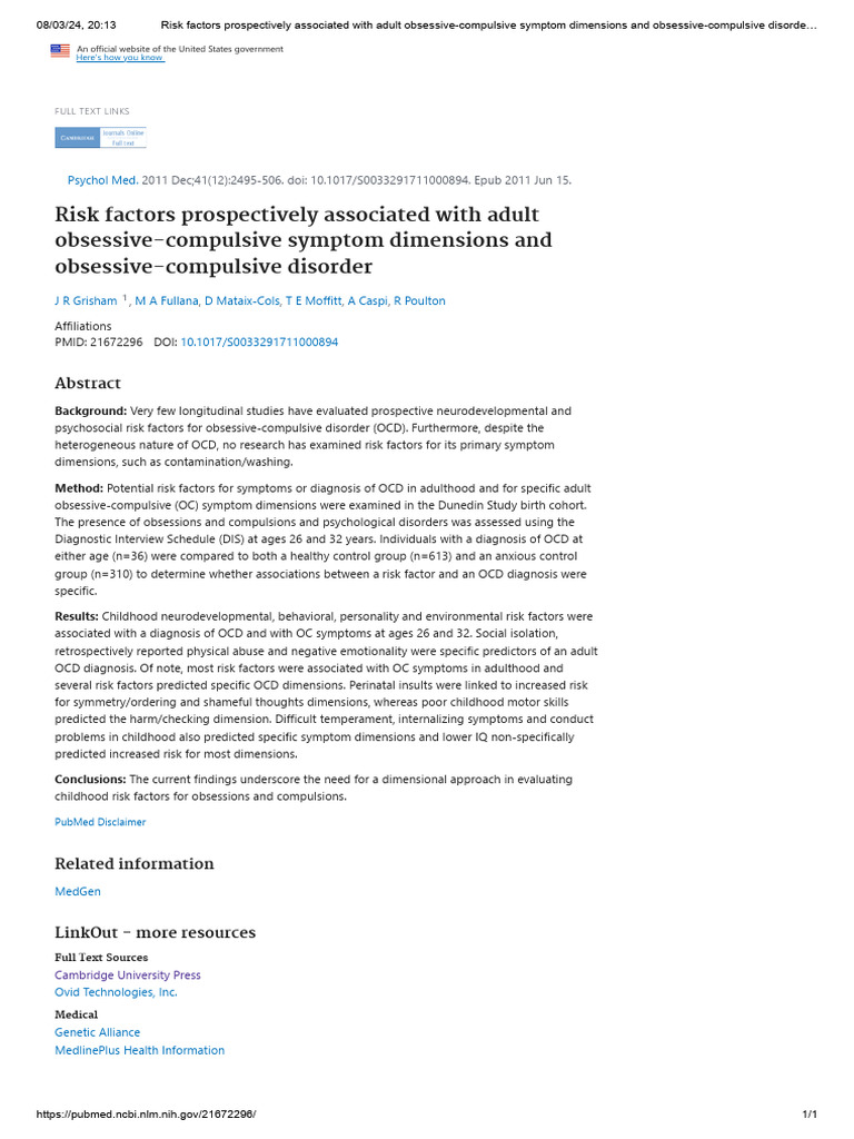 Risk Factors Prospectively Associated With Adult Obsessive-Compulsive ...