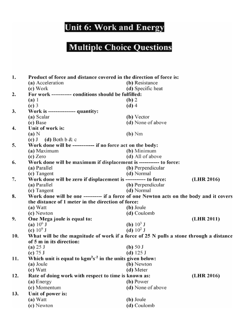 9th Phy Chap 6 Extra MCQs | PDF