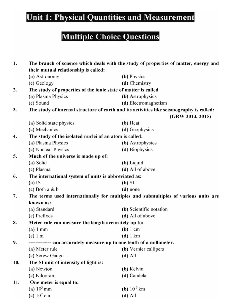 9th Phy Chap 1 Extra MCQs-2 | PDF