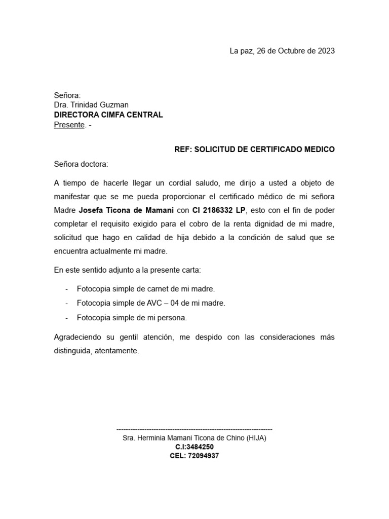 Oficio - Carta Dra. Solicitud de Certificado Medico | PDF