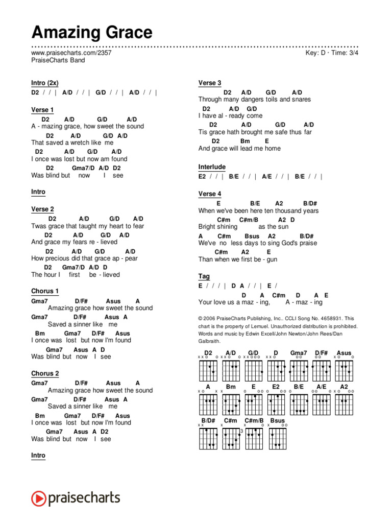 Amazing Grace (2357) - Chord Chart - D - 2 Column | PDF | Song ...