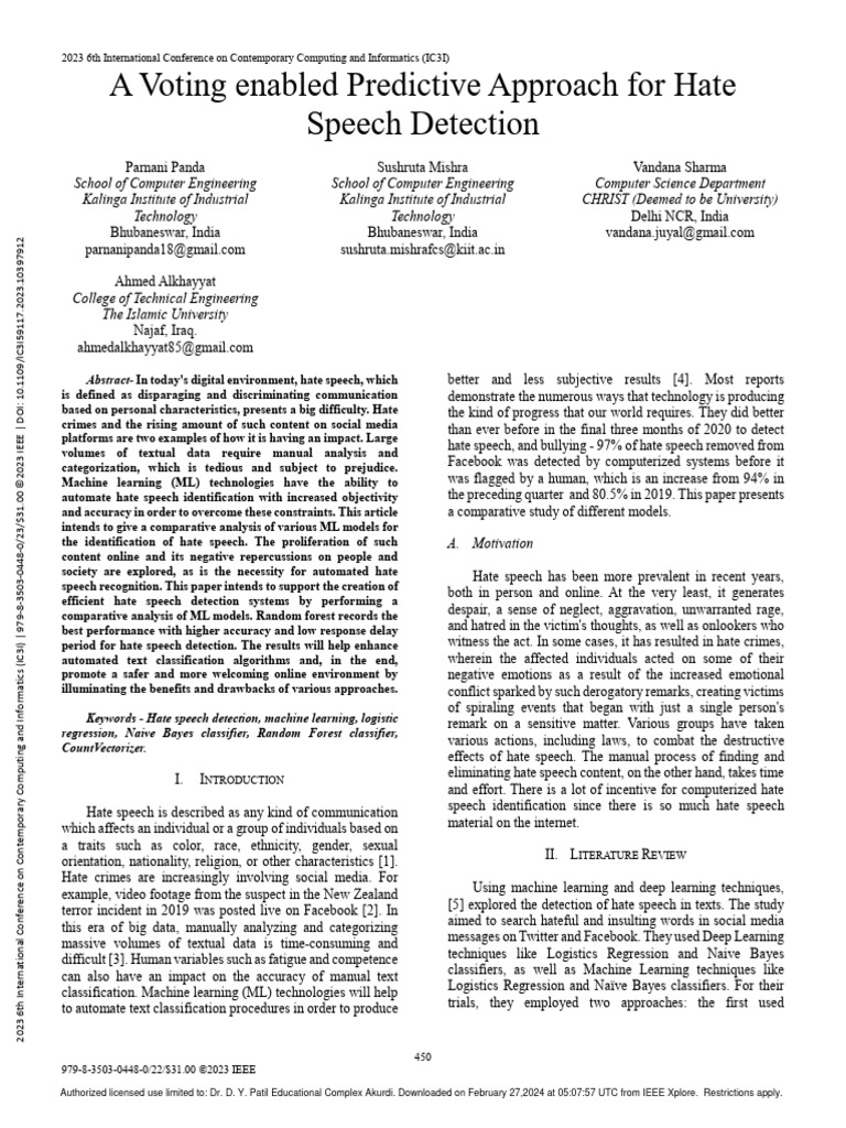 A Voting Enabled Predictive Approach For Hate Speech Detection | PDF | Statistical ...
