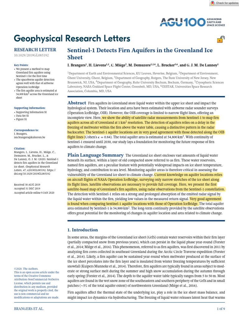 Geophysical Research Letters - 2020 - Brangers - Sentinel‐1 Detects ...