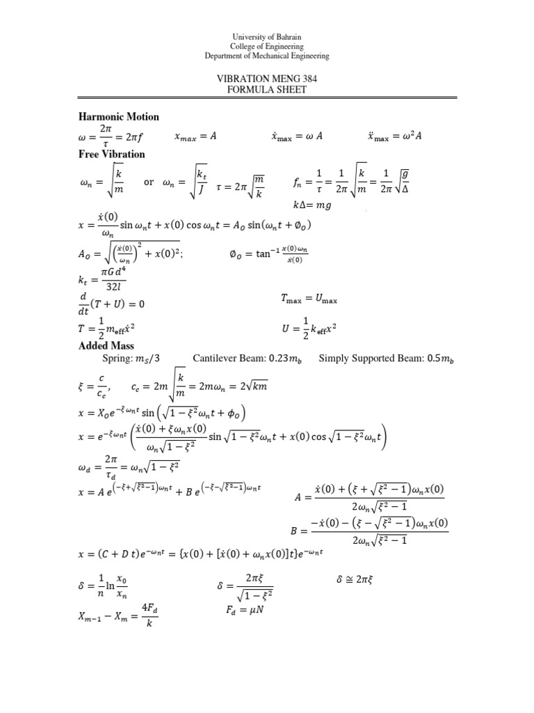 384 Formulasheet 5 | PDF | Motion (Physics) | Oscillation