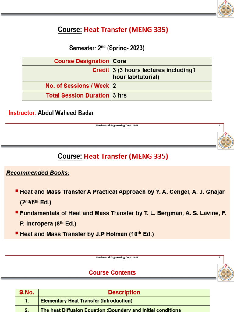 Coure Outline - Ch-1 MENG 335 | PDF | Heat Transfer | Thermal Conduction