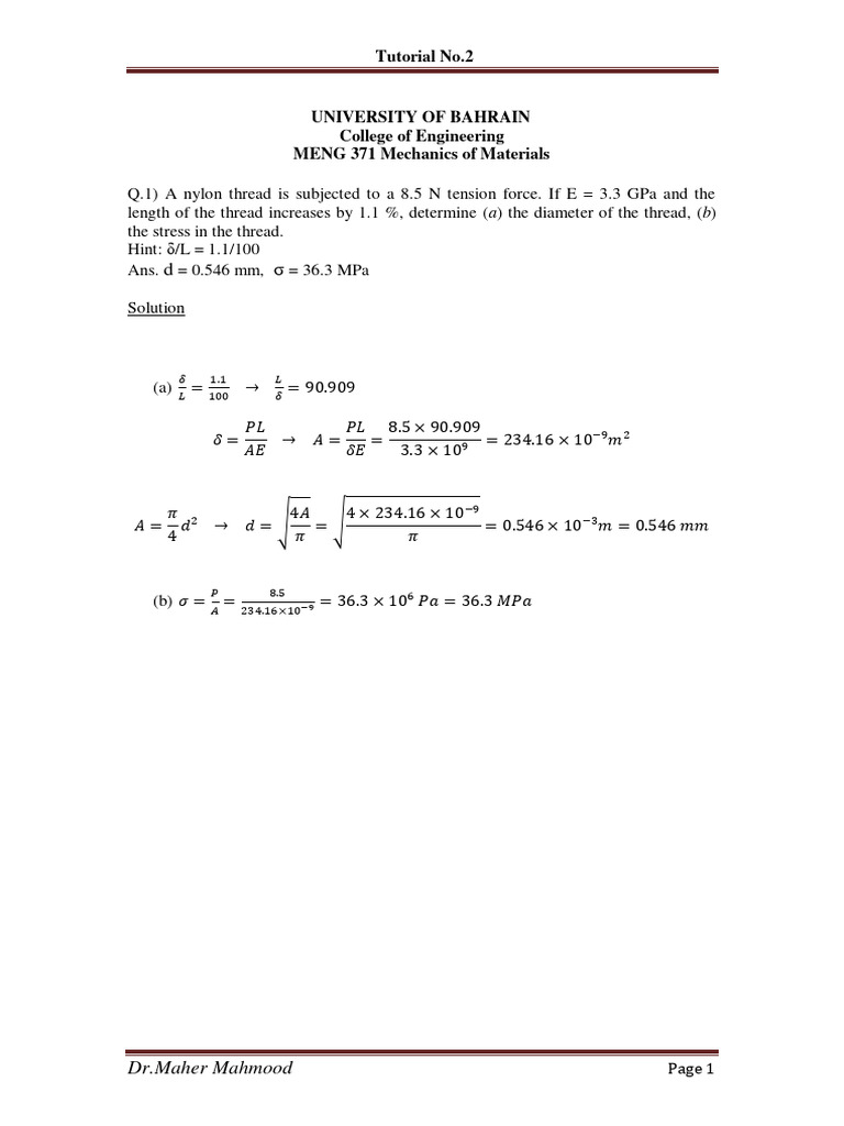 Tutorial 2 MENG371 | PDF | Young's Modulus | Civil Engineering