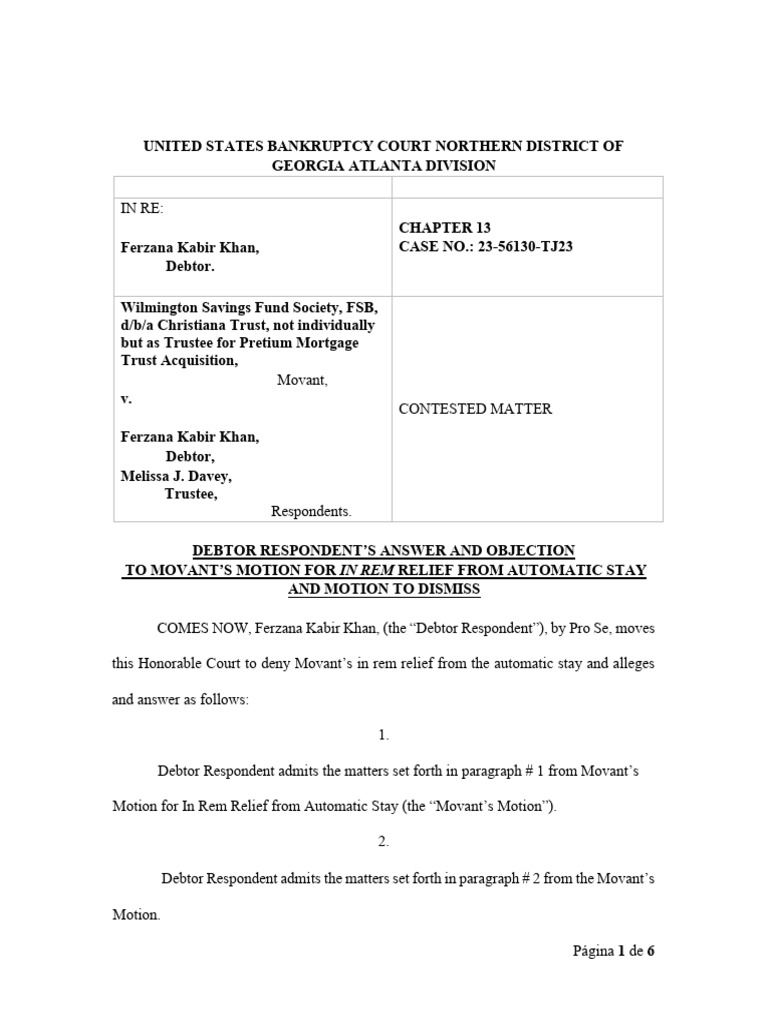 Answer Motion for in Rem Releif Automatic Stay | PDF