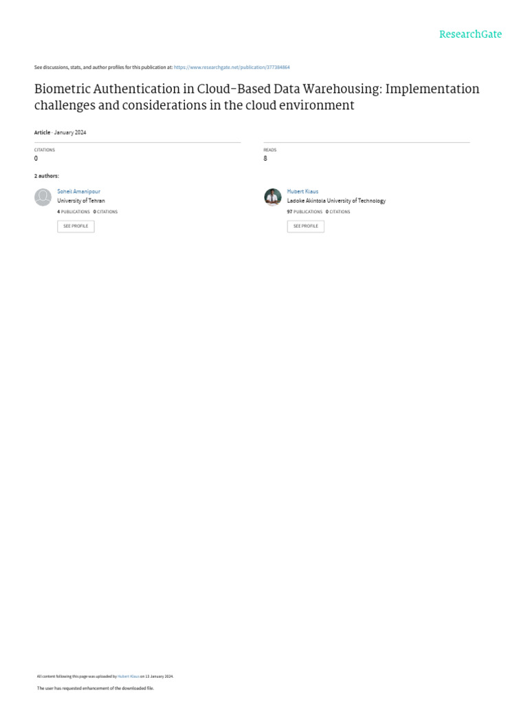 Biometric Authentication in Cloud-Based Data Warehousing ... Biometric Authentication in Cloud-Based Data Warehousing ...