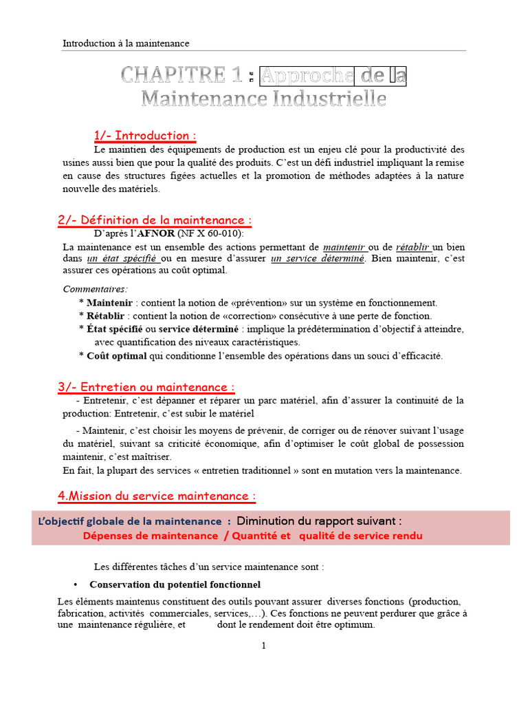 Chapitre 1 Approche de La Maintenance Industrielle | PDF