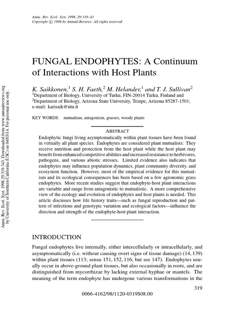 Fungal Endophytes | PDF | Fungus | Evolution