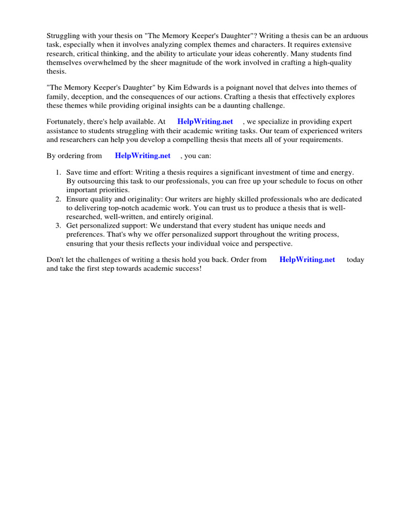 Memory Keepers Daughter Thesis | PDF