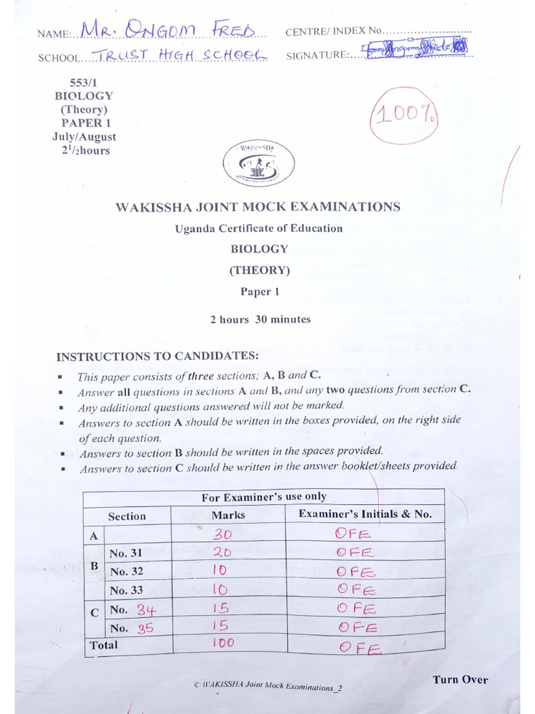 Wakisha BIOLOGY 1 Marking Guide WAKISSHA 1 | PDF