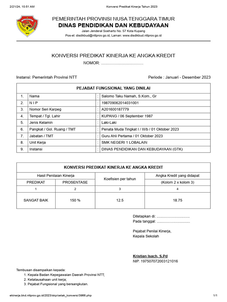 Konversi Predikat Kinerja Tahun 2023 | PDF