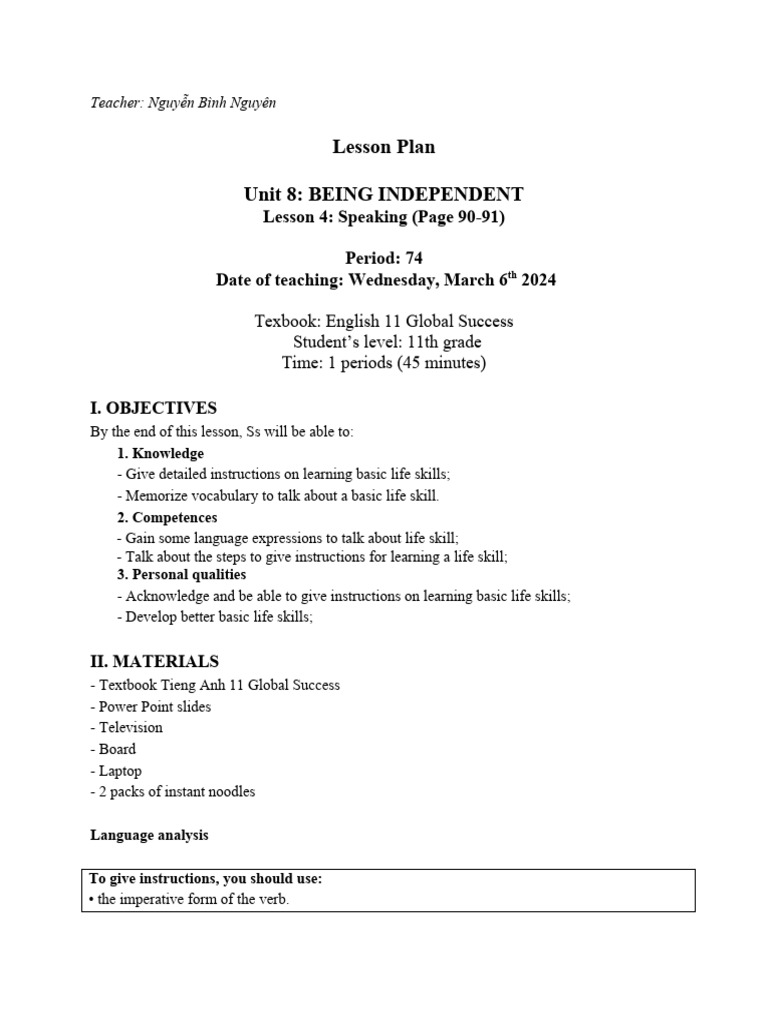 Lesson Plan - 11A5 - Unit 8 Speaking | PDF | Vocabulary | Verb