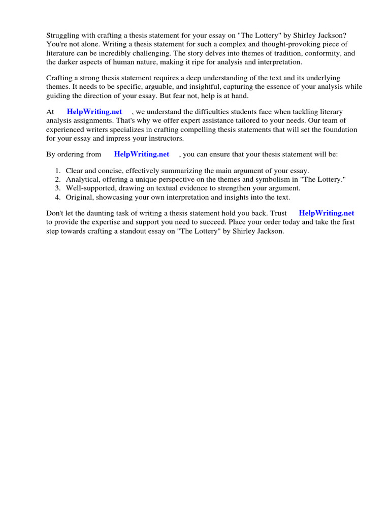 The Lottery by Shirley Jackson Essay Thesis Statement | PDF