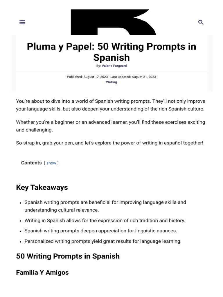 Pluma y Papel - 50 Writing Prompts in Spanish - Brilliantio | PDF