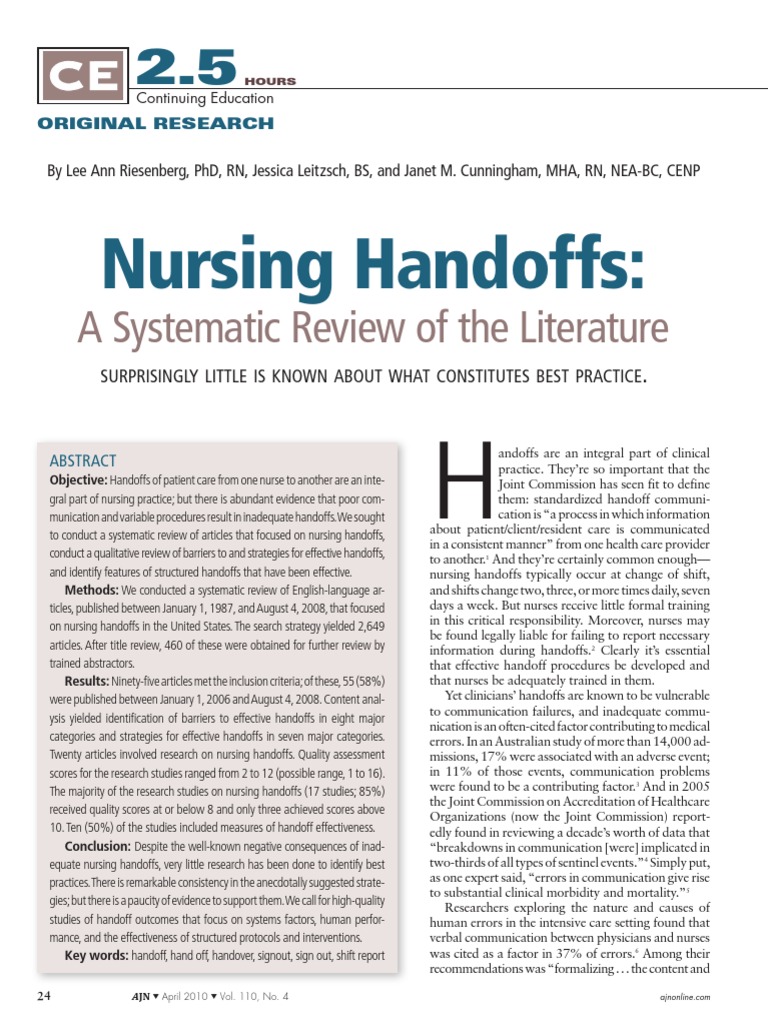 Nursing Handoffs a Systematic Review of the.26 | Patient Safety | Joint ...