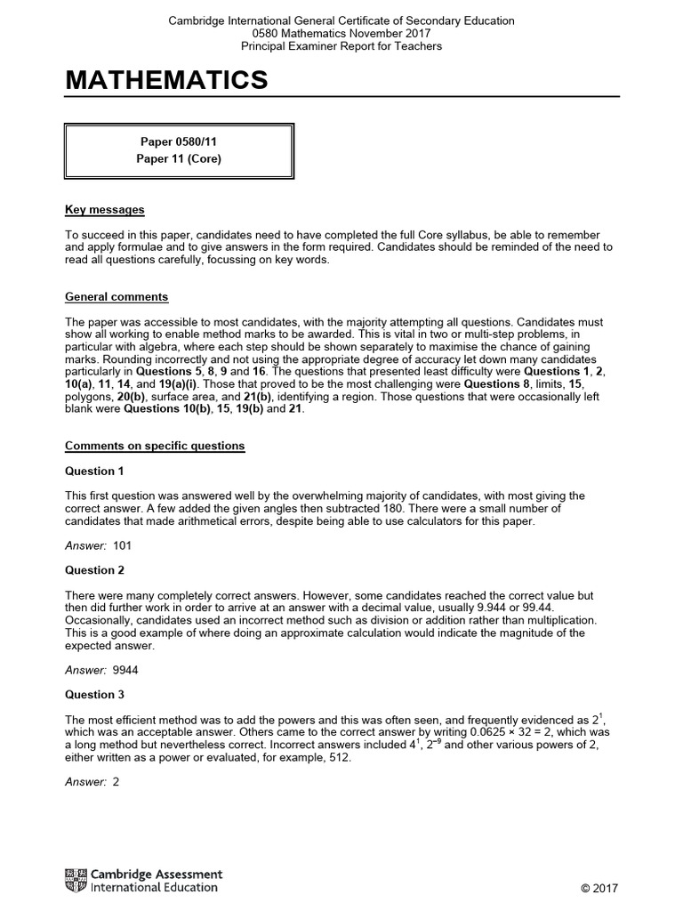 2017 Cambridge IGCSE Math Exam Report | PDF | Numbers | Equations