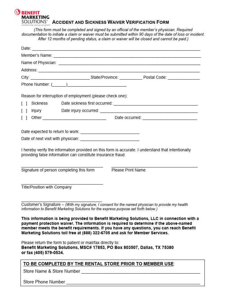 Accident Sickness Waiver Verification Form | PDF | Service Industries