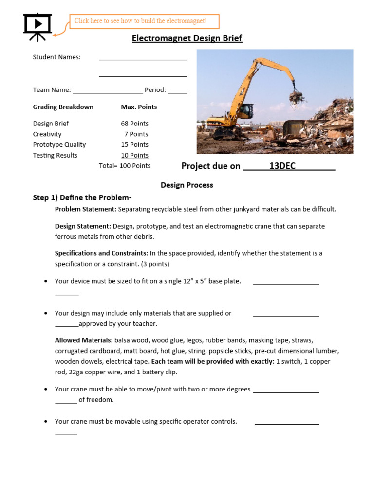Electromagnet Design Brief: Design Process Step 1) Define The Problem ...
