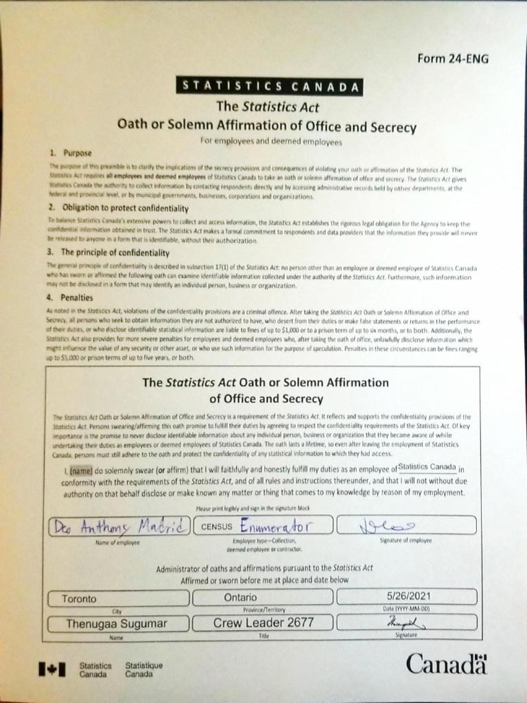 Stat Can Oath | PDF | Confidentiality | Oath Of Office
